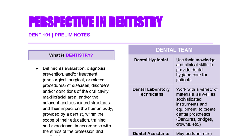 DENT 101 - Preliminary Notes on Dentistry and Its History - Studocu
