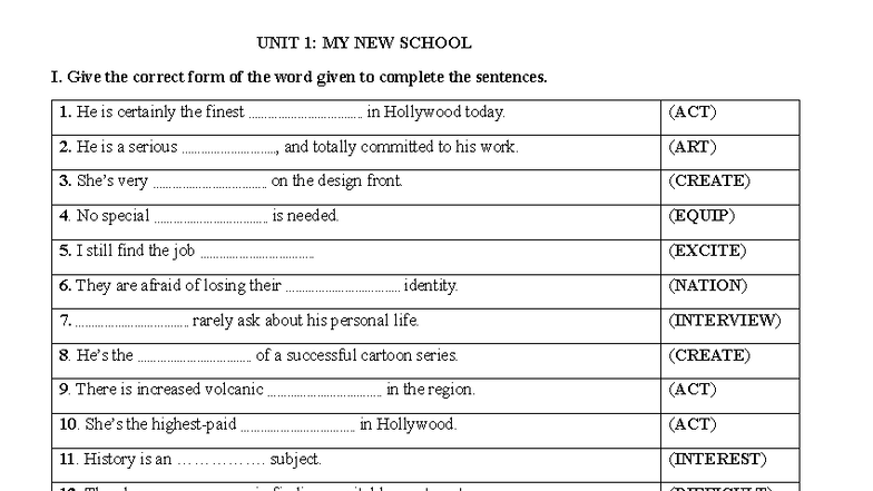 UNIT 1-6: Word Form Exercises for Language Mastery - Studocu