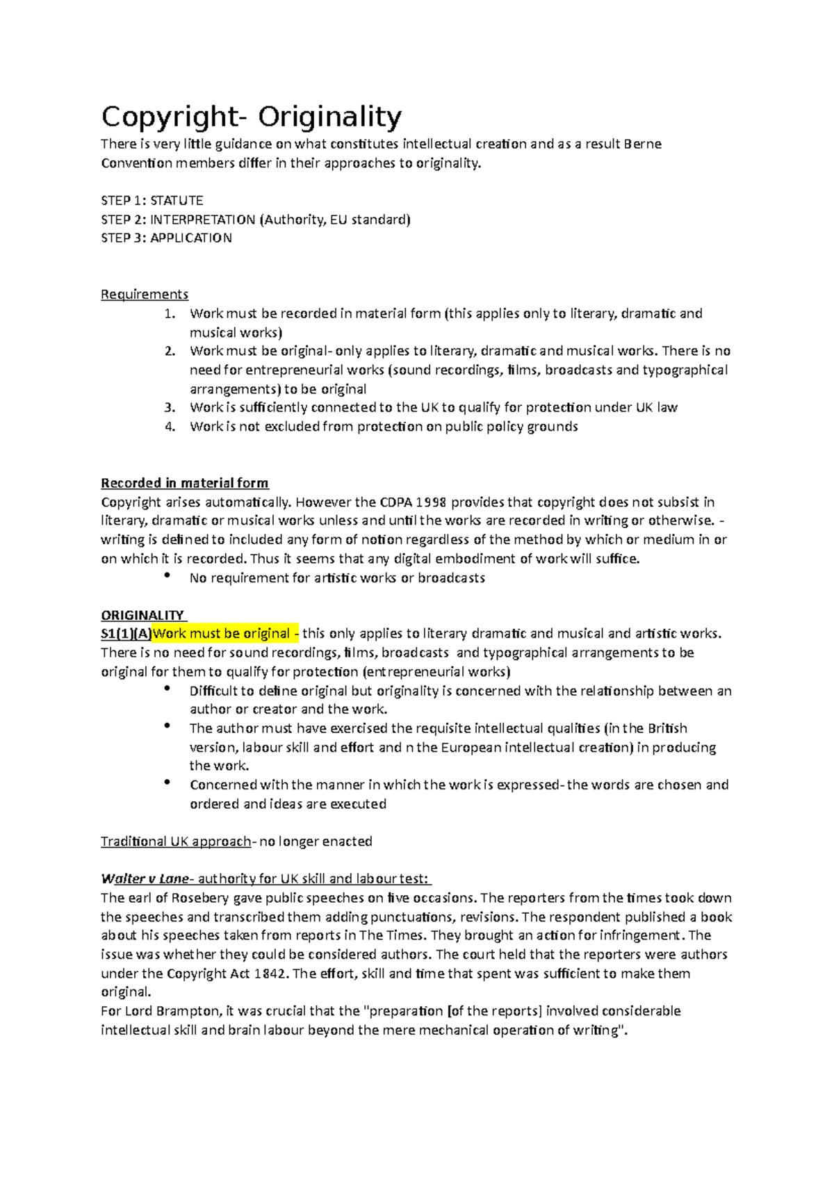 Copyright Originality Study Notes for Law 101: Understanding Concepts ...