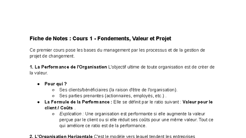 Fiche de Notes Cours 1 : Fondements, Valeur et Gestion de Projet - Studocu