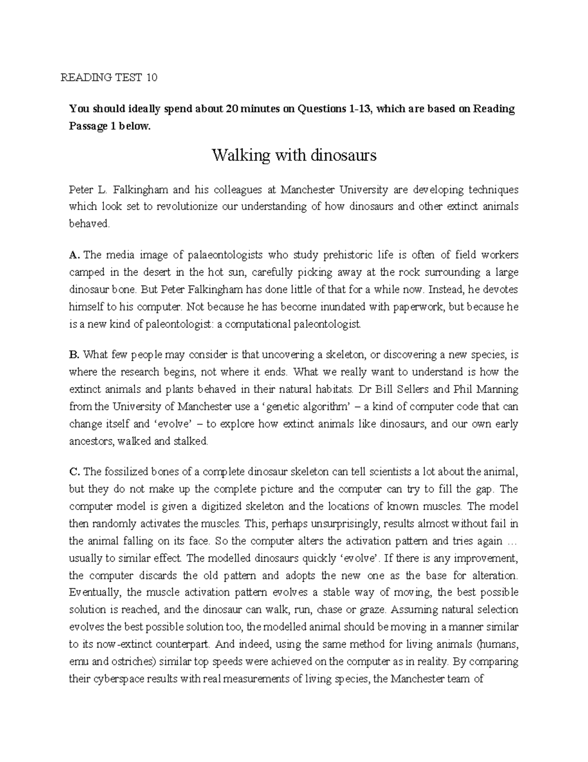IELTS Reading Test 10: Understanding Dinosaurs and AI - Studocu