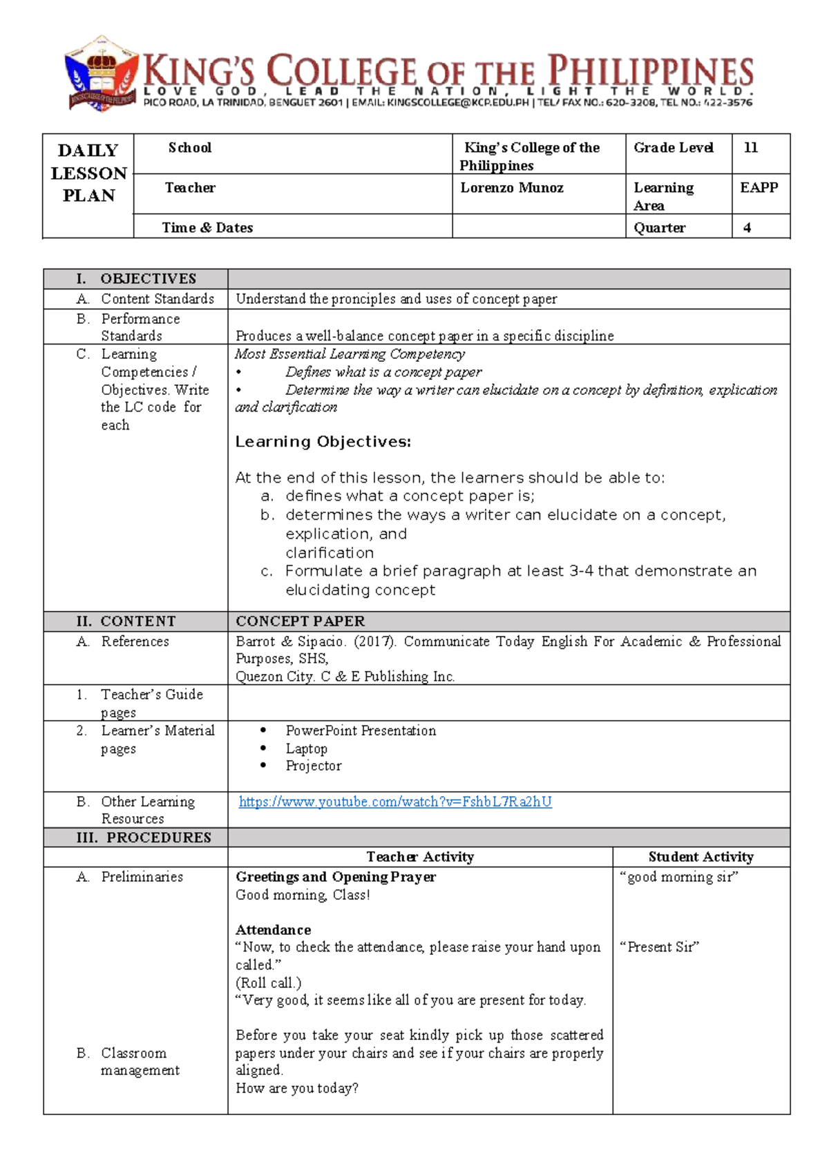 DAILY LESSON PLAN: Understanding Concept Papers (EAPP 4) - Studocu
