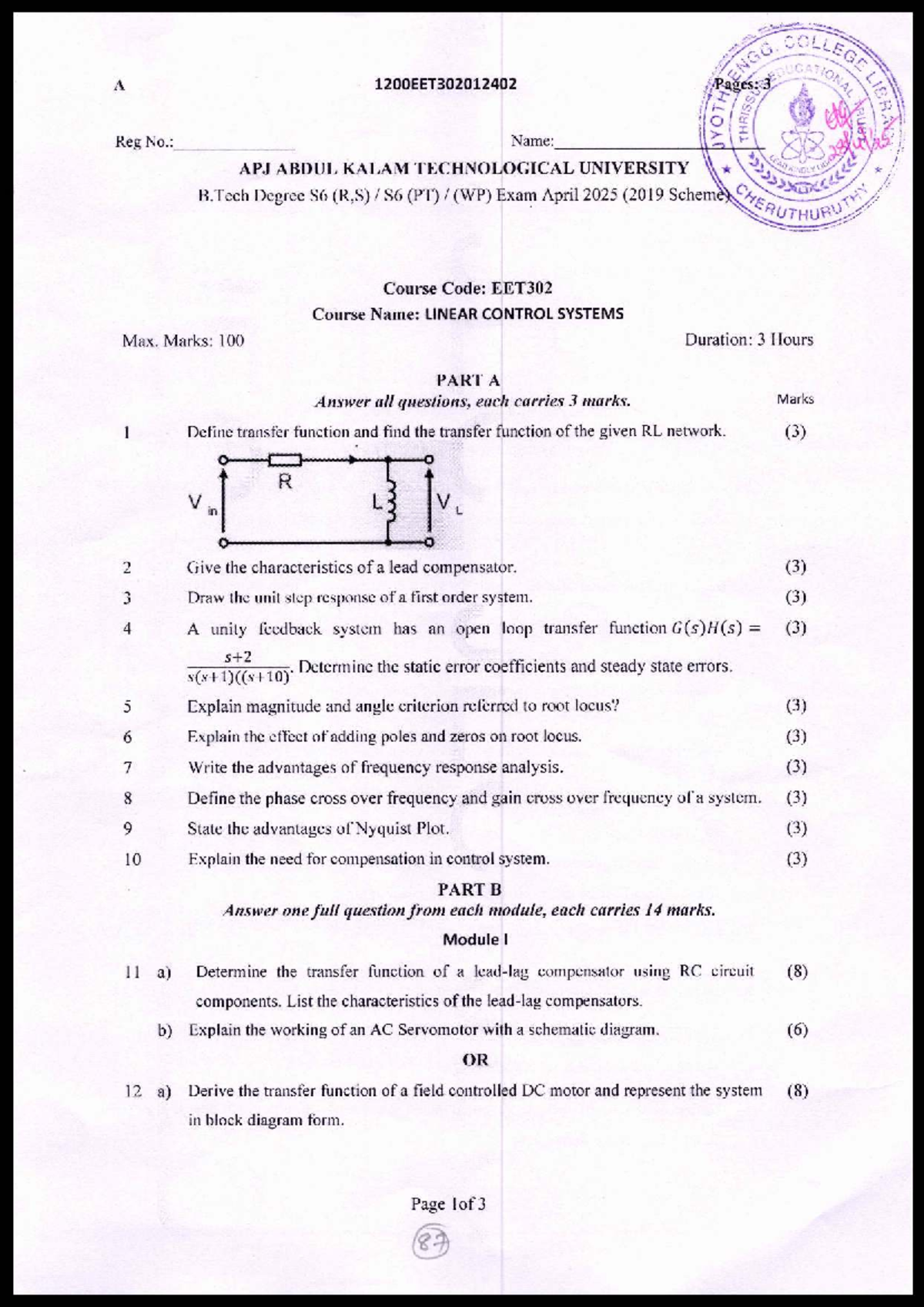 EET302 Linear Control Systems Final Exam Notes, April 2025 - Studocu