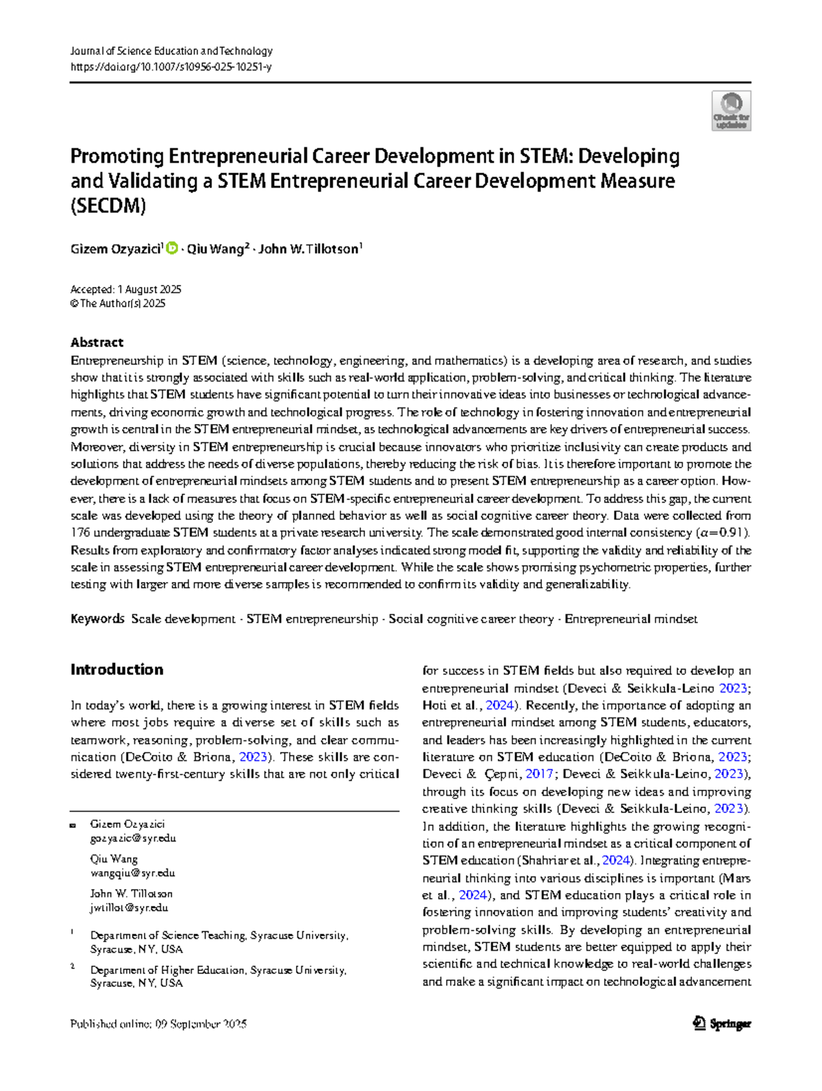 S10956: Developing the STEM Entrepreneurial Career Development Measure ...
