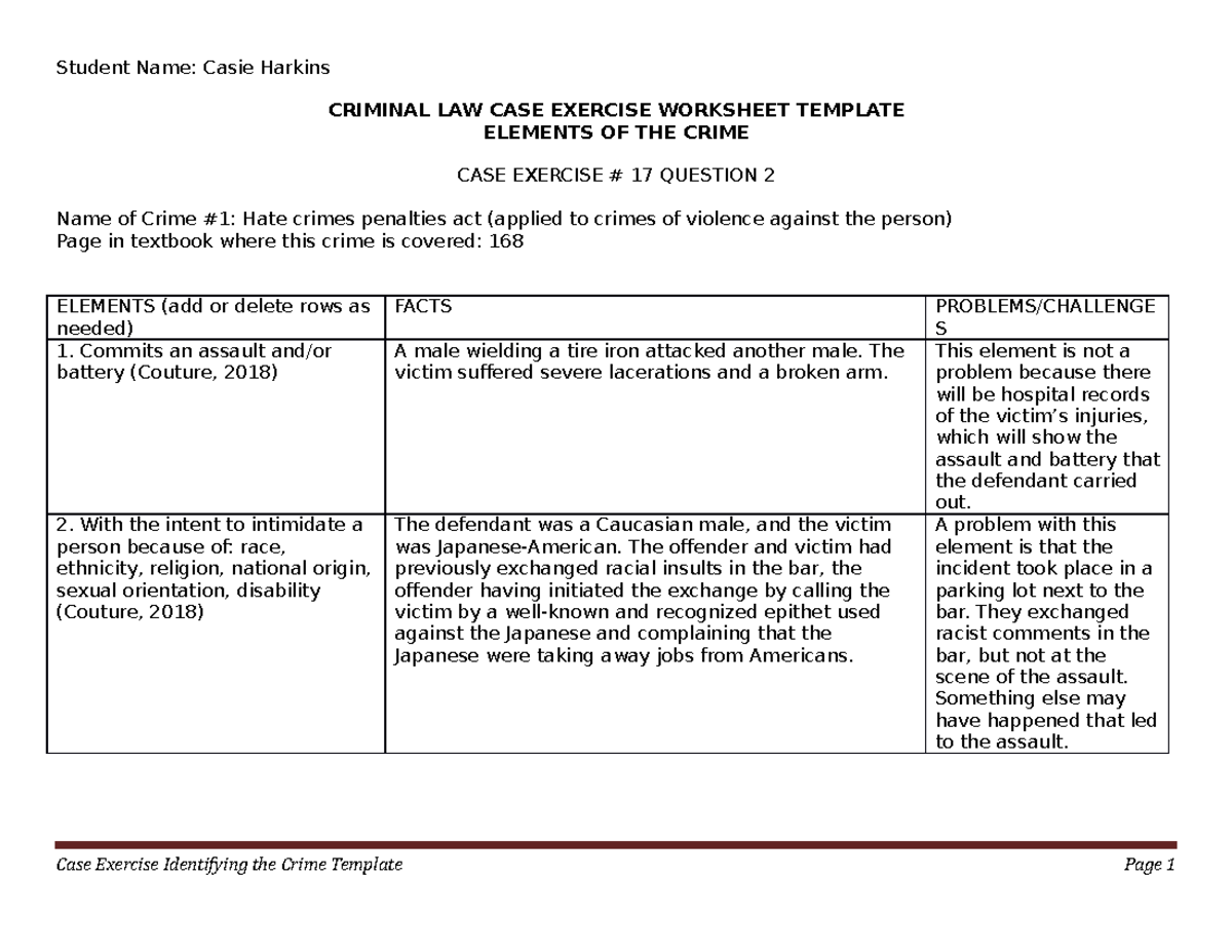 Criminal law case 17, problem 2 - Student Name: Casie Harkins CRIMINAL ...