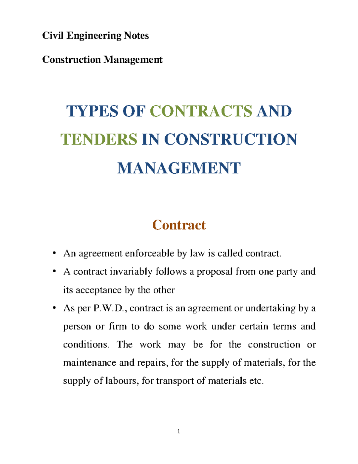 Contracts and Tenders - Civil Engineering Lecture Notes (CIV 101) - Studocu