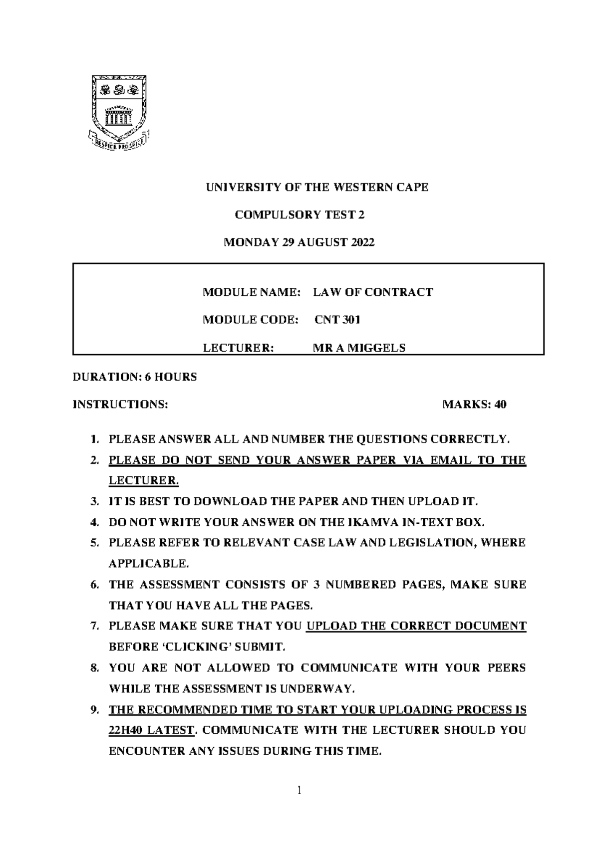 CNT301 - Compulsory Test 2 Questions - Law of Contract - Aug 2022 - Studocu