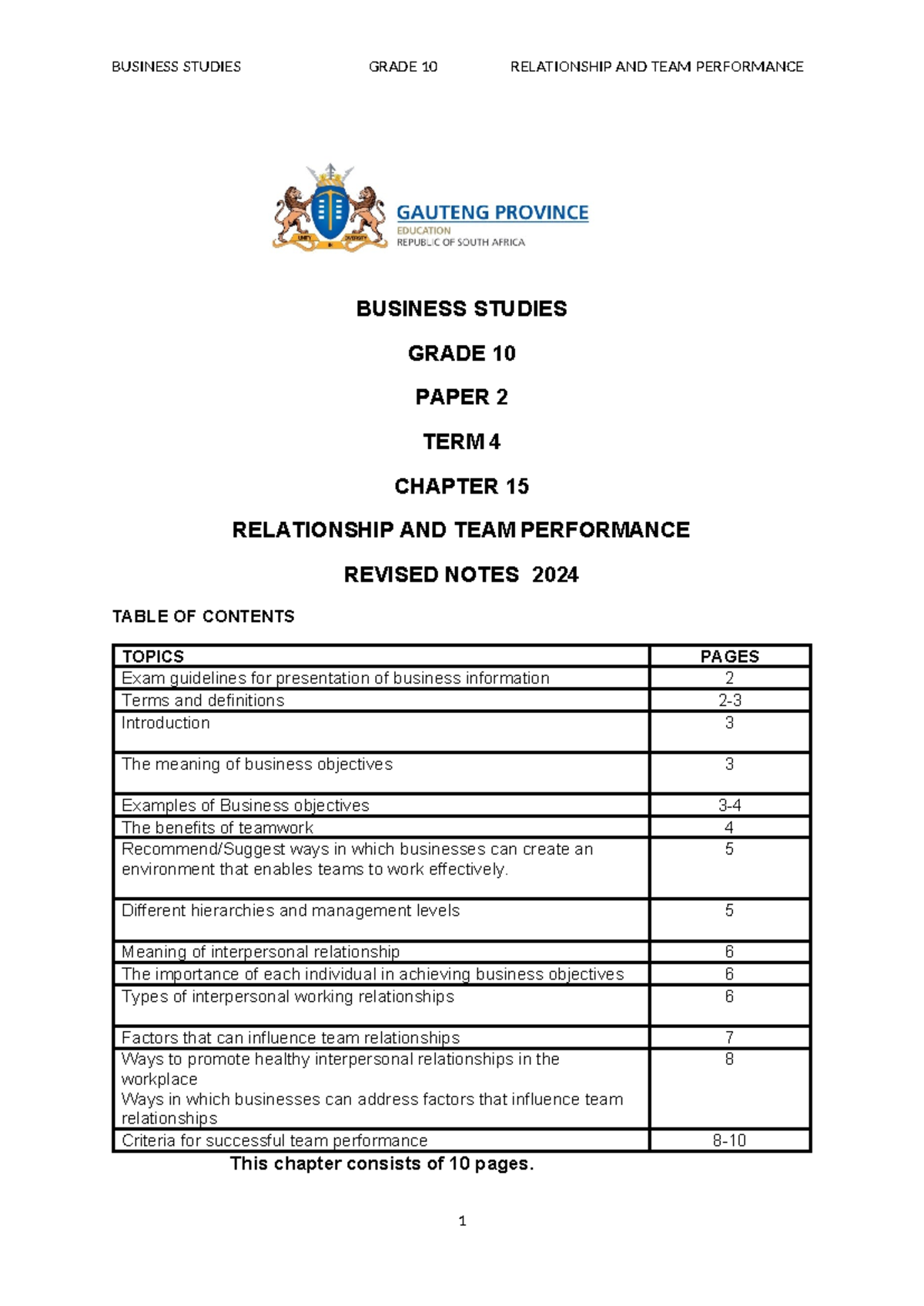 Grade 10 Business Studies Term 4 Chapter 15: Team Management Notes ...