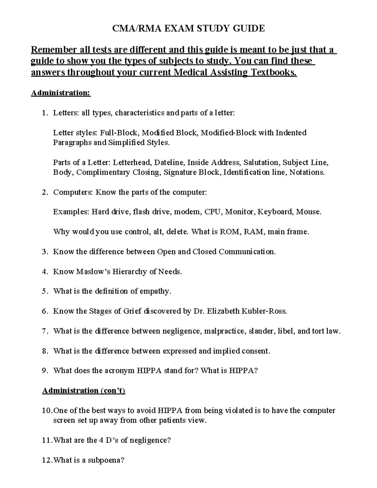CMA/RMA Exam Study Guide for Student Preparation - Studocu