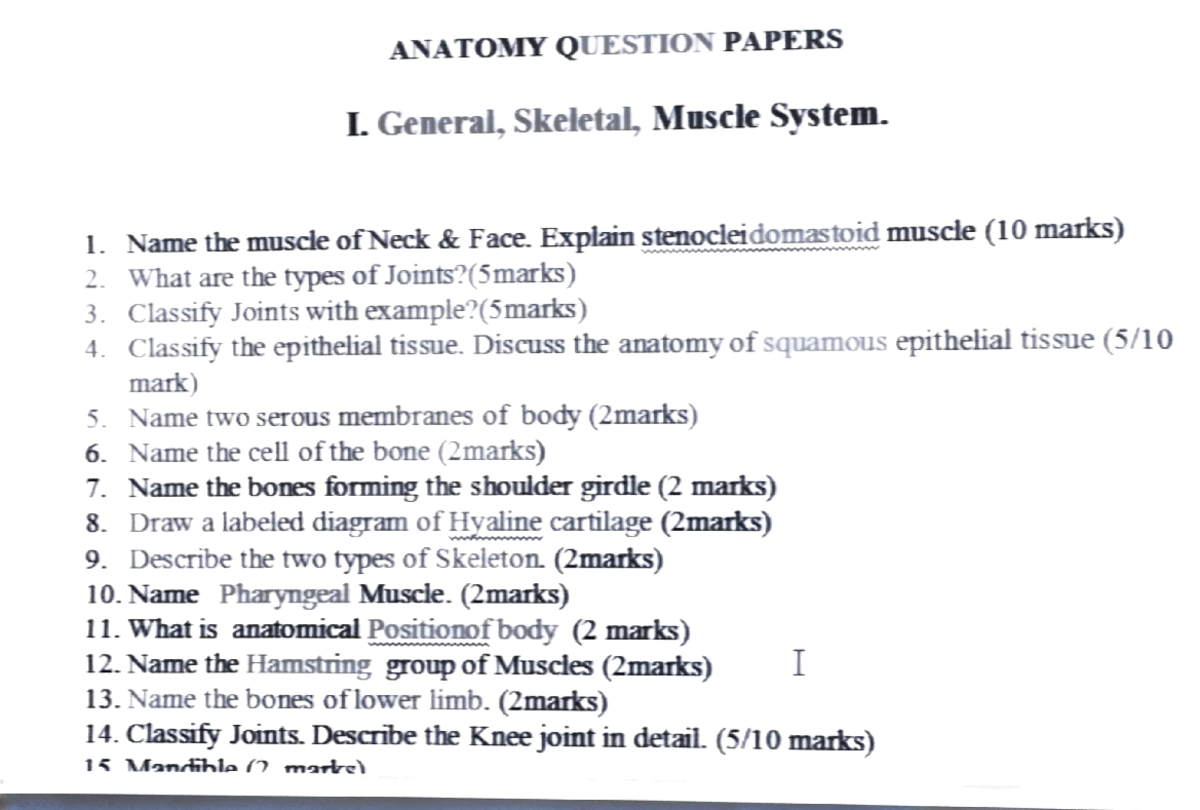 Anatomy questions of Introduction, Skeletal system and Muscular system ...