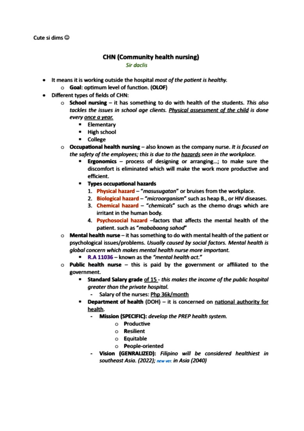 CHN 102: Summary of Community Health Nursing Notes by Sir Daclis - Studocu