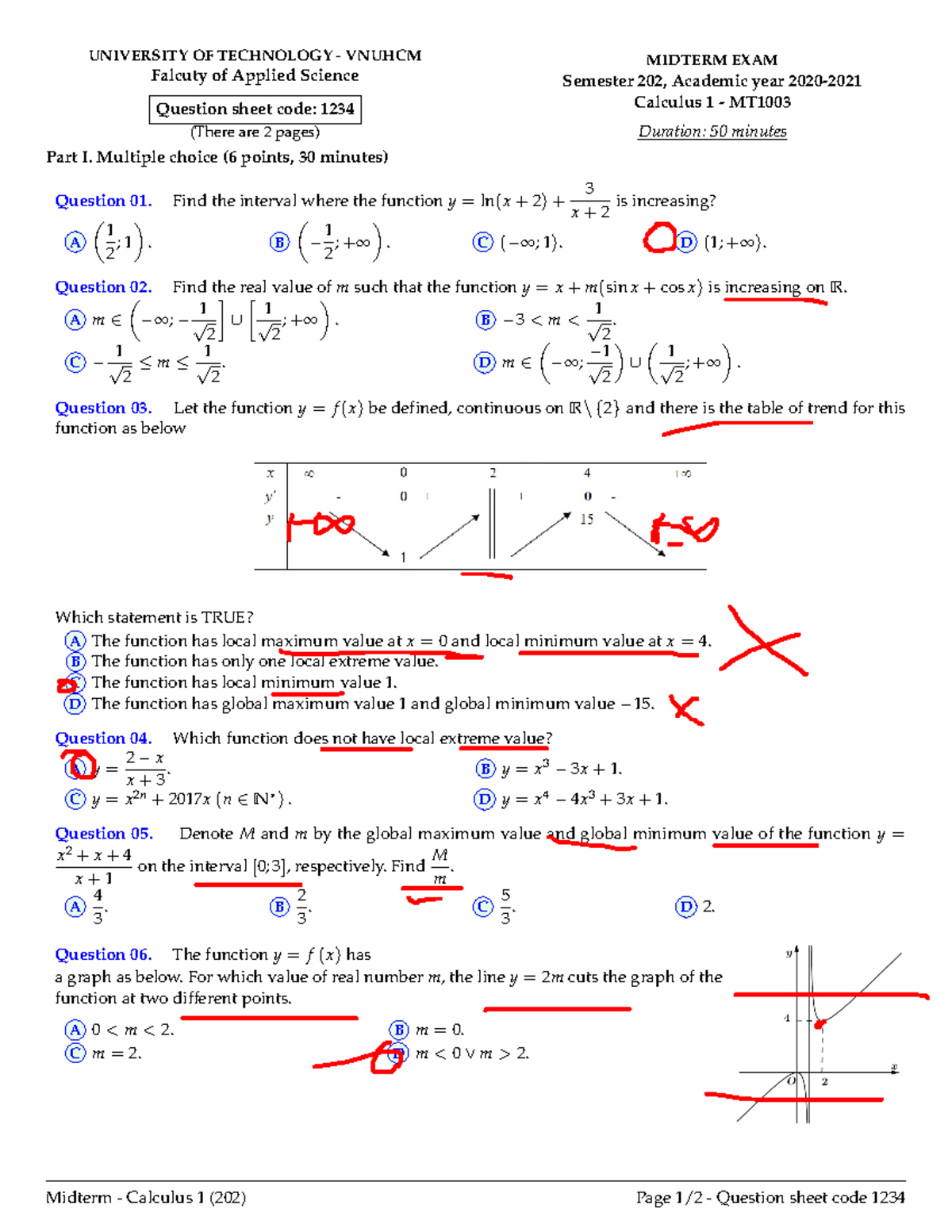 Midterm Exam Calculus 1 (MT1003) - Question Sheet Code 1234 - Studocu