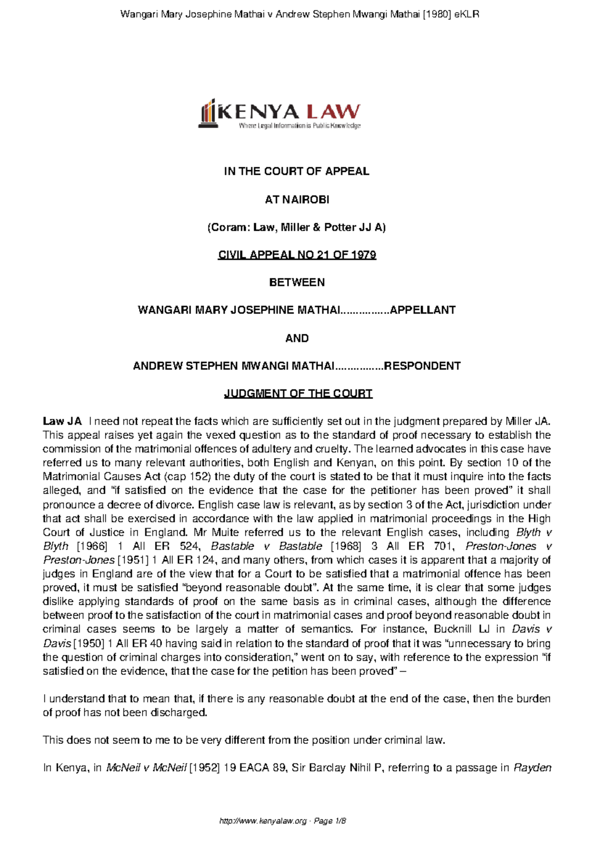 Mathai v Mathai: Examining Standard of Proof in Civil Appeal 21/79 ...