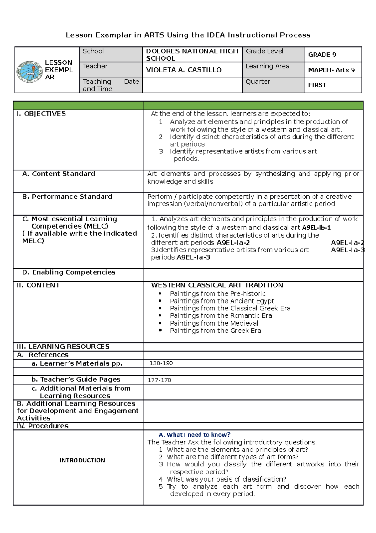 ART 9 Q1 Lesson Exemplar - Lesson Exemplar in ARTS Using the IDEA ...