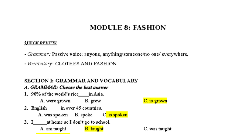 MODULE 8: FASHION QUICK REVIEW - Grammar & Vocabulary Study Guide - Studocu