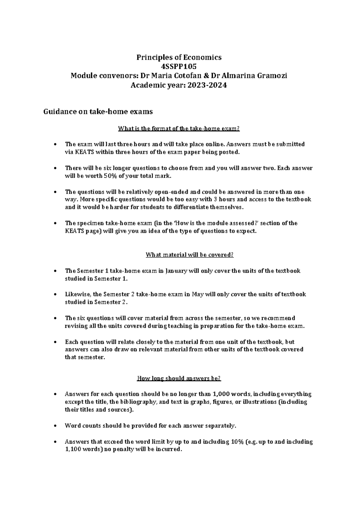 Guidance on Take-Home Exams for Principles of Economics 4SSPP105 - Studocu