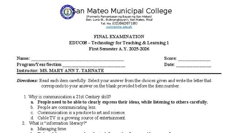 EDUC08 Final Exam: Technology for Teaching Learning 1 - 1st Sem SY2025 ...