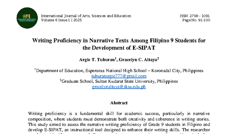 Writing Proficiency in Narrative Texts: A Study on Filipino Grade 9 ...