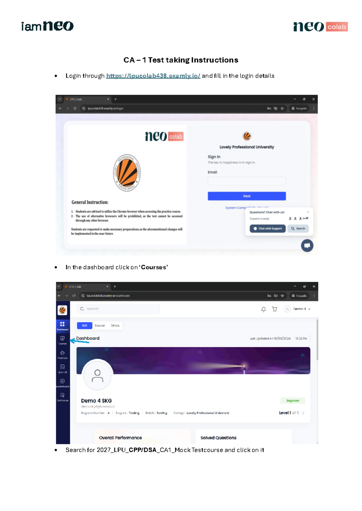 CA1 Student test Instructions - CA – 1 Test taking Instructions Login ...