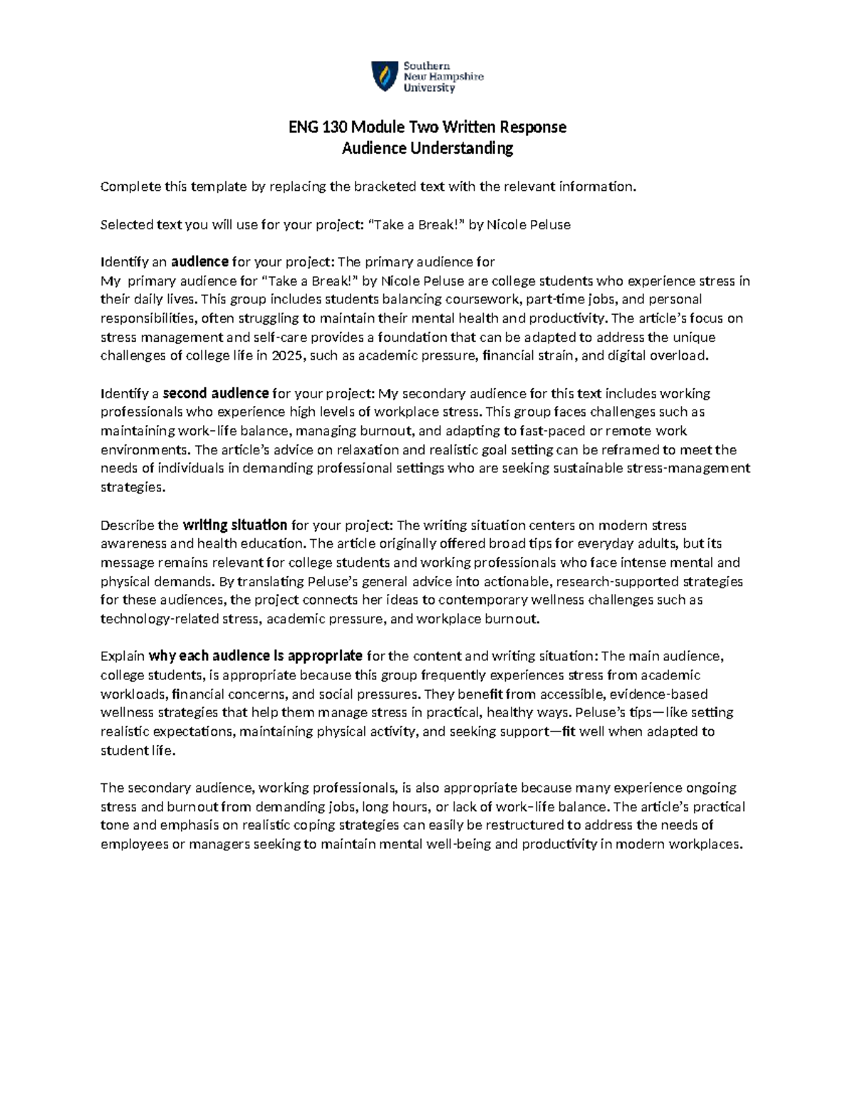 ENG 130 Module 2 Written Response: Audience Analysis on Stress ...