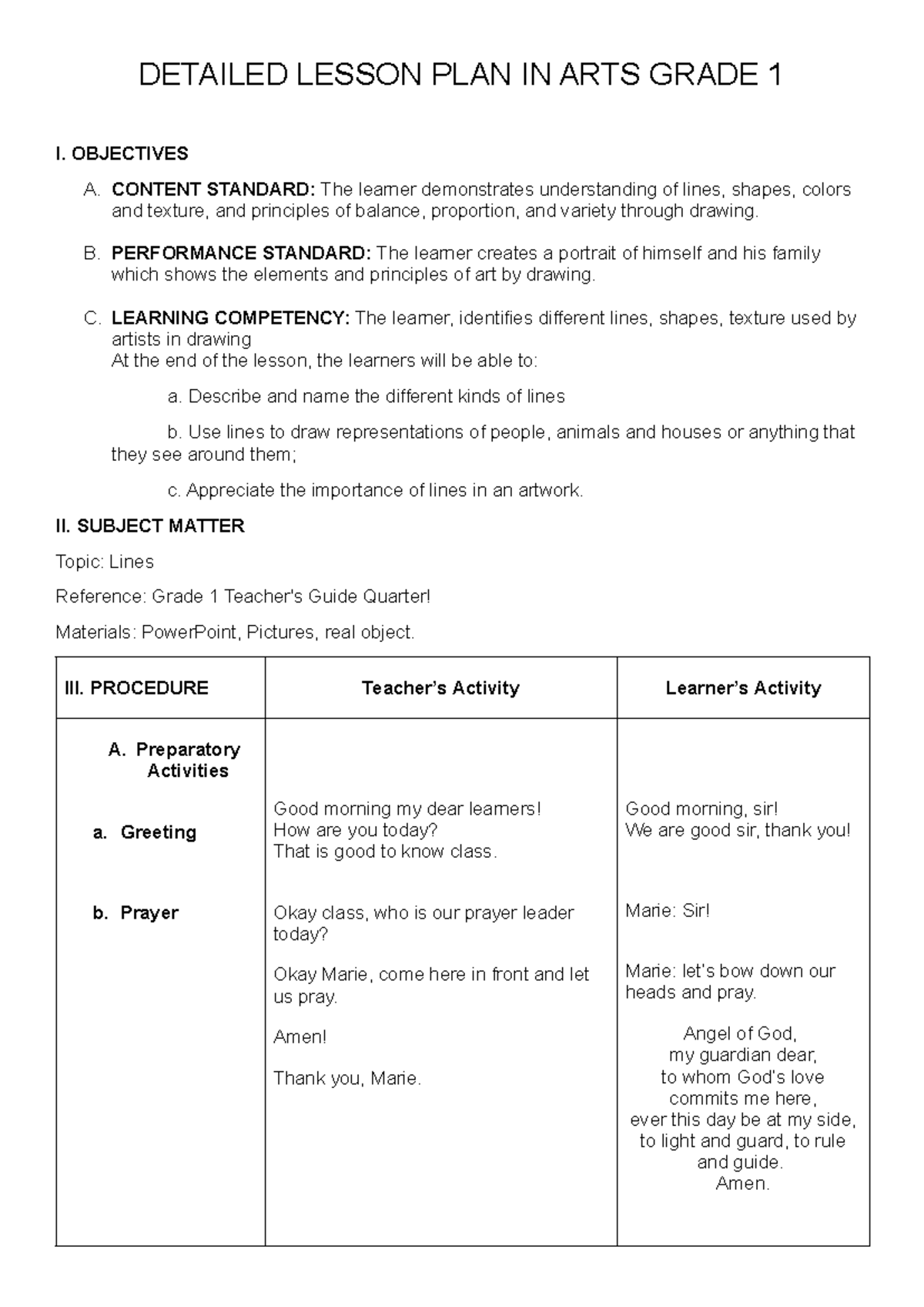 Grade 1 Arts Detailed Lesson Plan: Understanding Lines and Shapes - Studocu