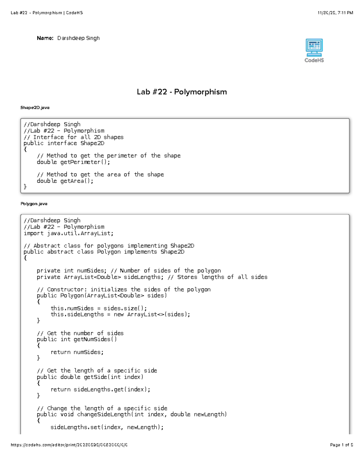 CS 2511 Lab #22 - Polymorphism Implementation and Testing - Studocu