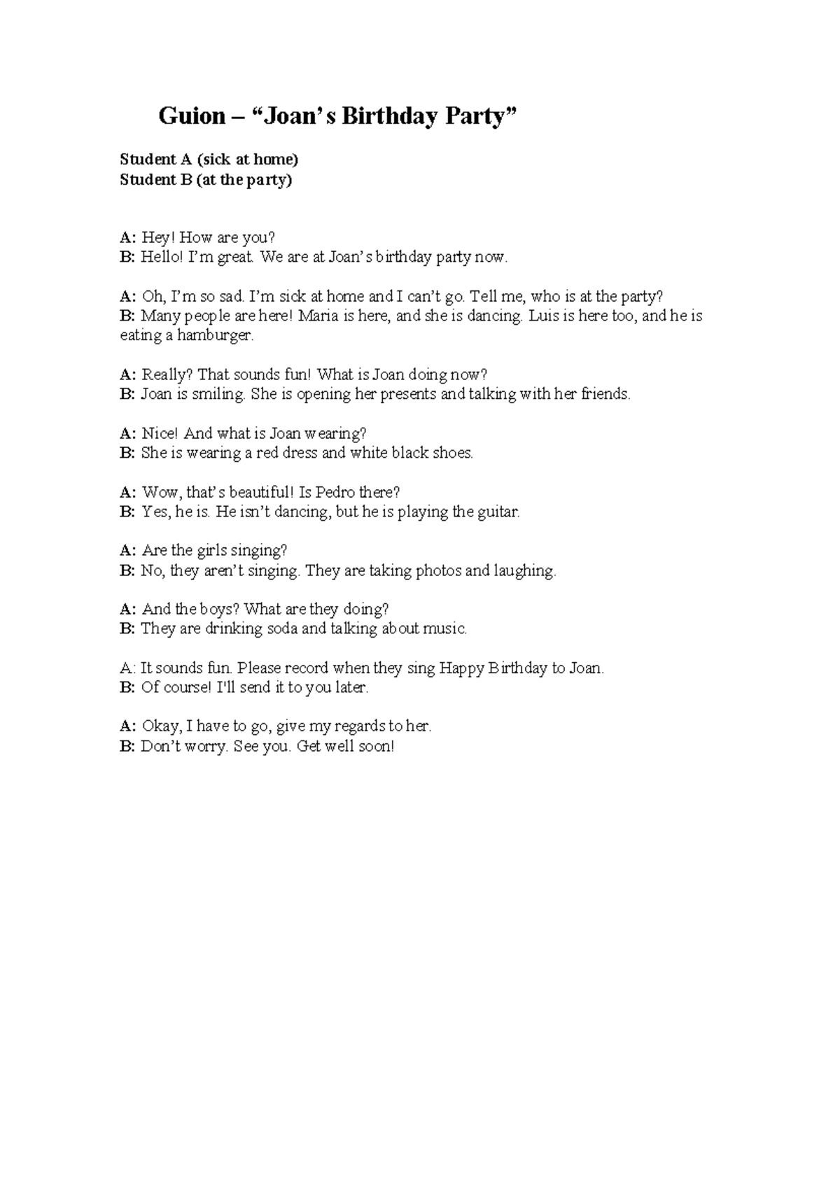 PA 1 - Birthday Party Dialogue: Student A & B - Studocu