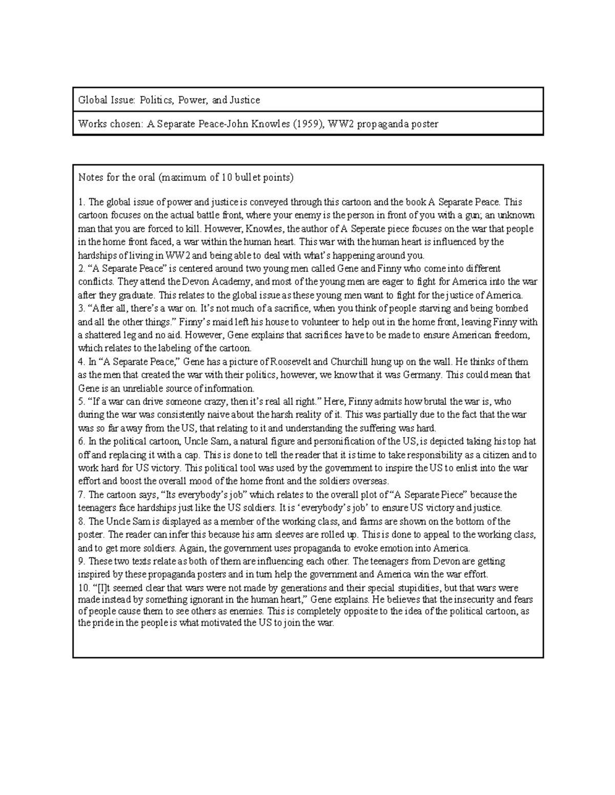 Global Issue: Politics, Power, and Justice in A Separate Peace (ENG 101 ...