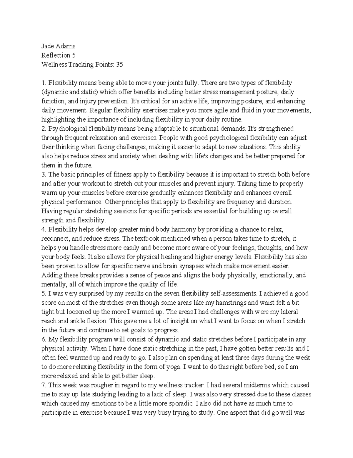 Reflection Assignment 5: Exploring Flexibility and Wellness Tracking - Studocu