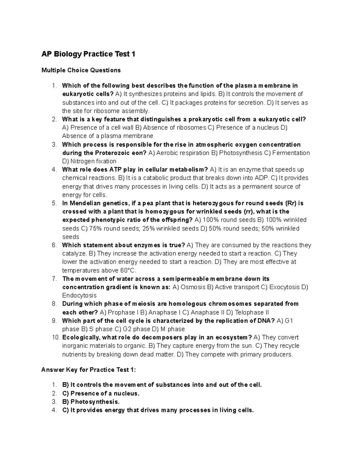 AP Biology Practice Test 1 - Which of the following best describes the ...