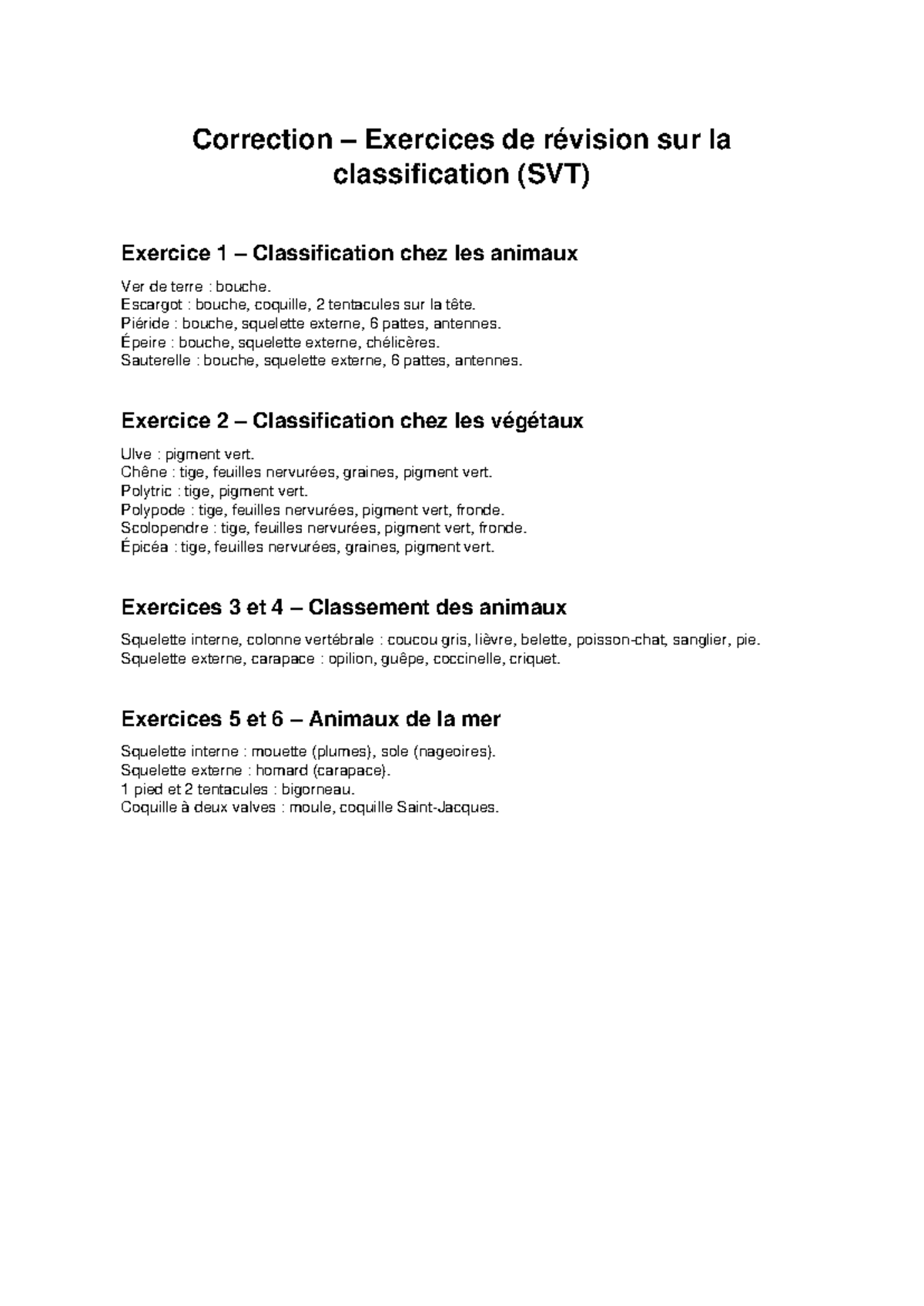 Correction des Exercices de Révision sur la Classification (SVT) - Studocu