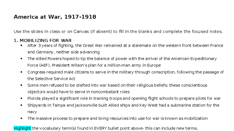 7- America at War: Focused Notes on WWI Mobilization and Agencies - Studocu