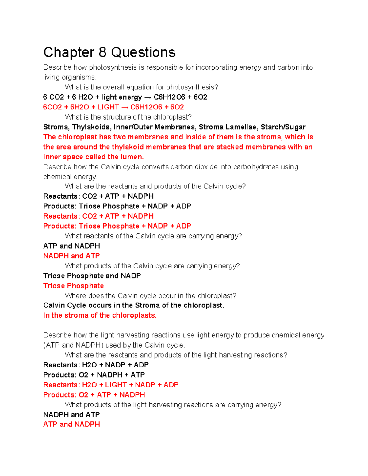 Chapter 8 BIO 181: Photosynthesis Concepts and Questions Guide - Studocu