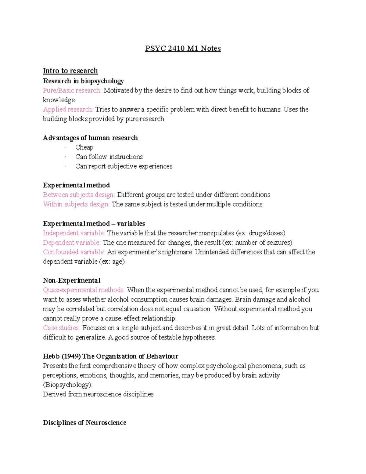 PSYC 2410 M1 Notes - PSYC 2410 M1 Notes Intro to research Research in ...