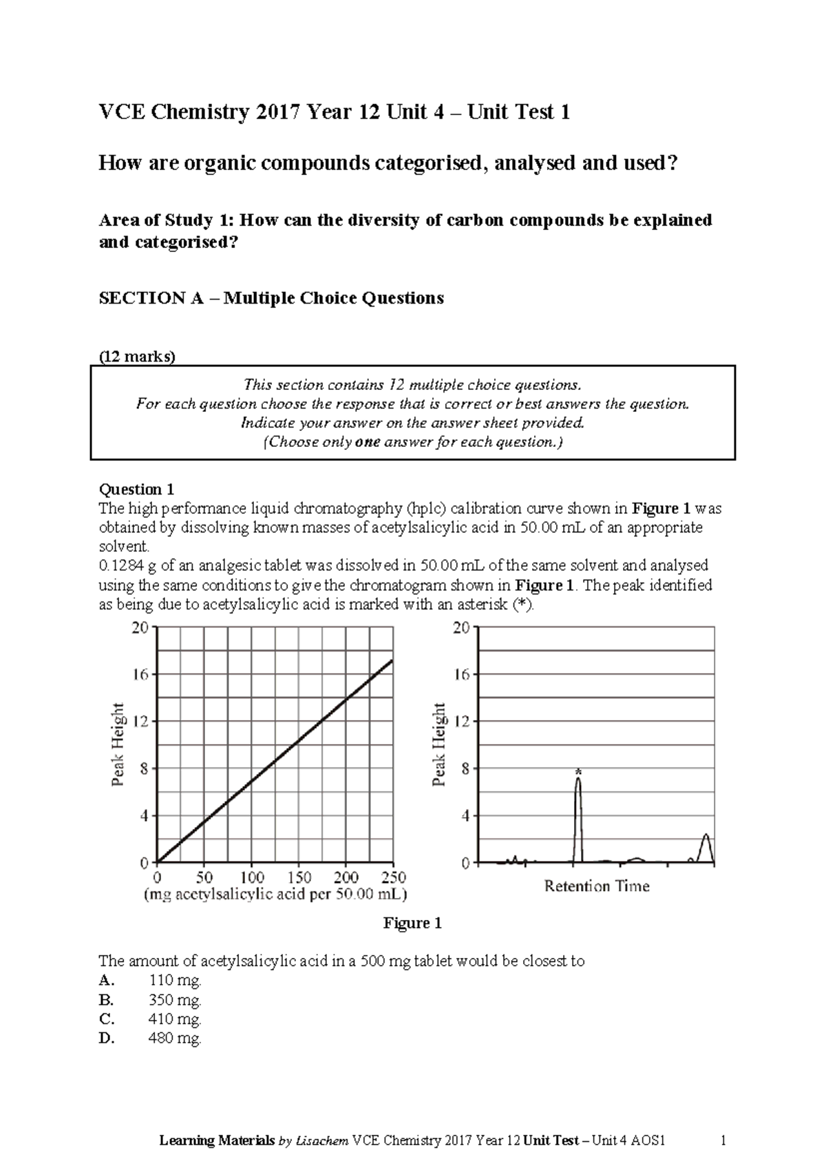 VCE Chemistry 2017 Unit 4 – Unit Test 1 on Organic Compounds Analysis ...