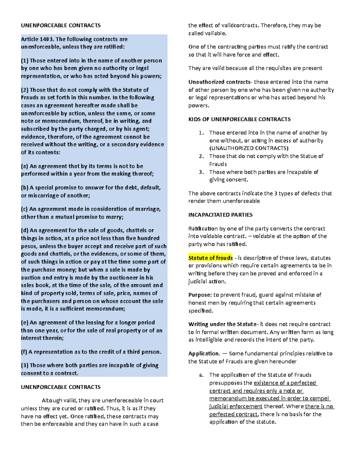 Unenforceable Contracts Overview & Key Principles (Law 101) - Studocu