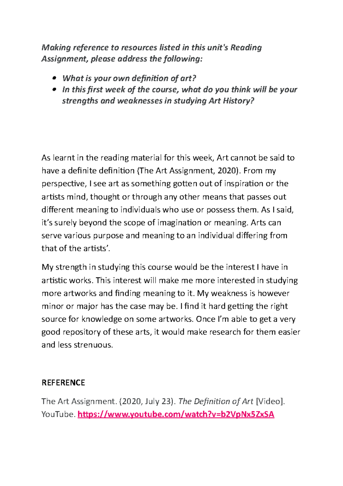 AHIST 1401 Learning Journal (L.J.) Unit 1: Defining Art and Study ...