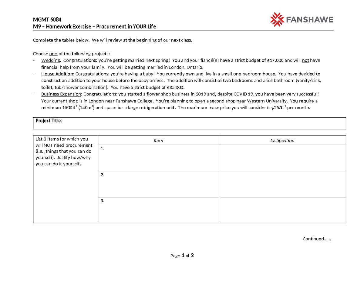 M9 - Homework Exercise - Procurement in YOUR Life - MGMT 6084 M9 ...