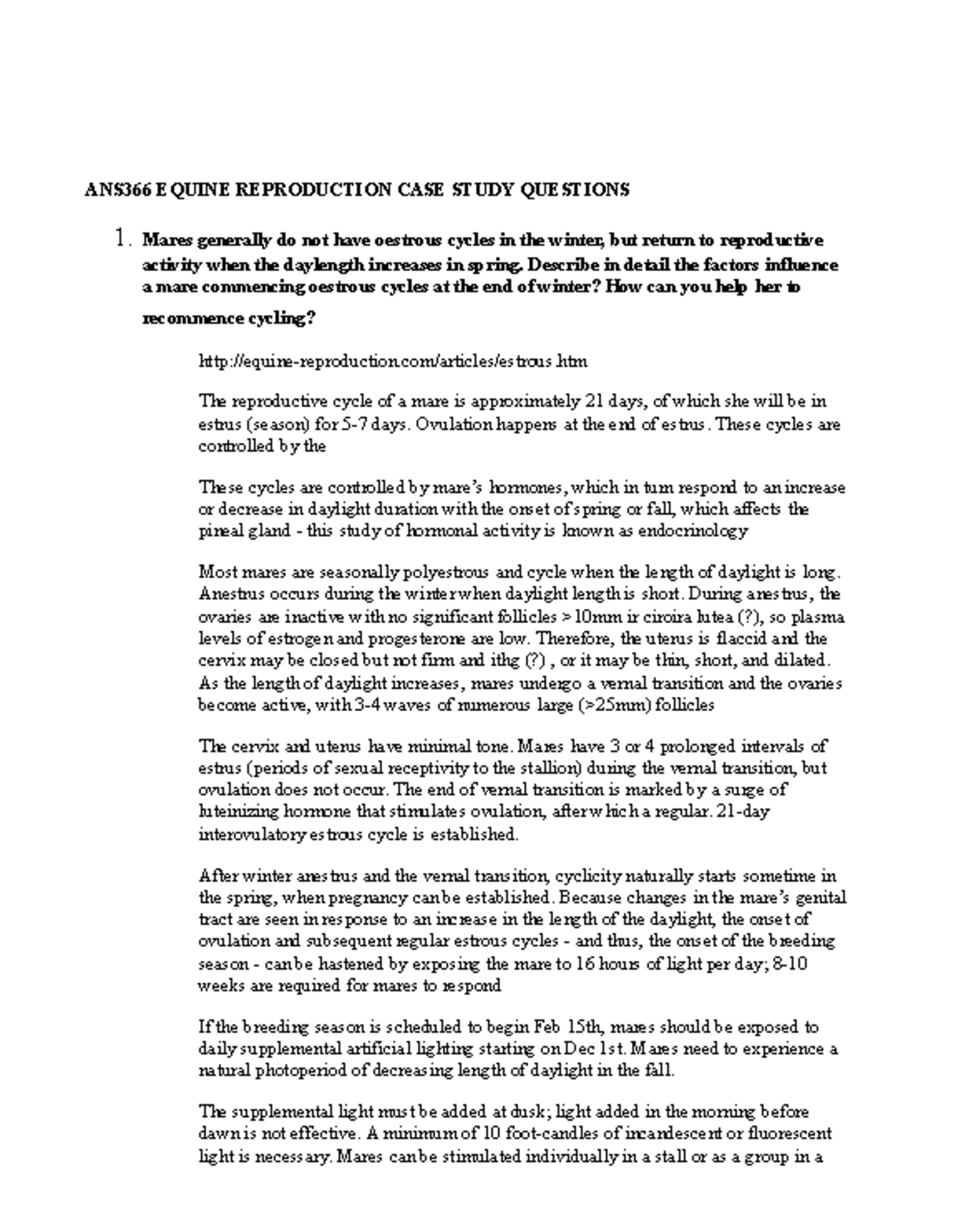 ANS366 Equine Reproduction CASE Study Questions & Insights - Studocu