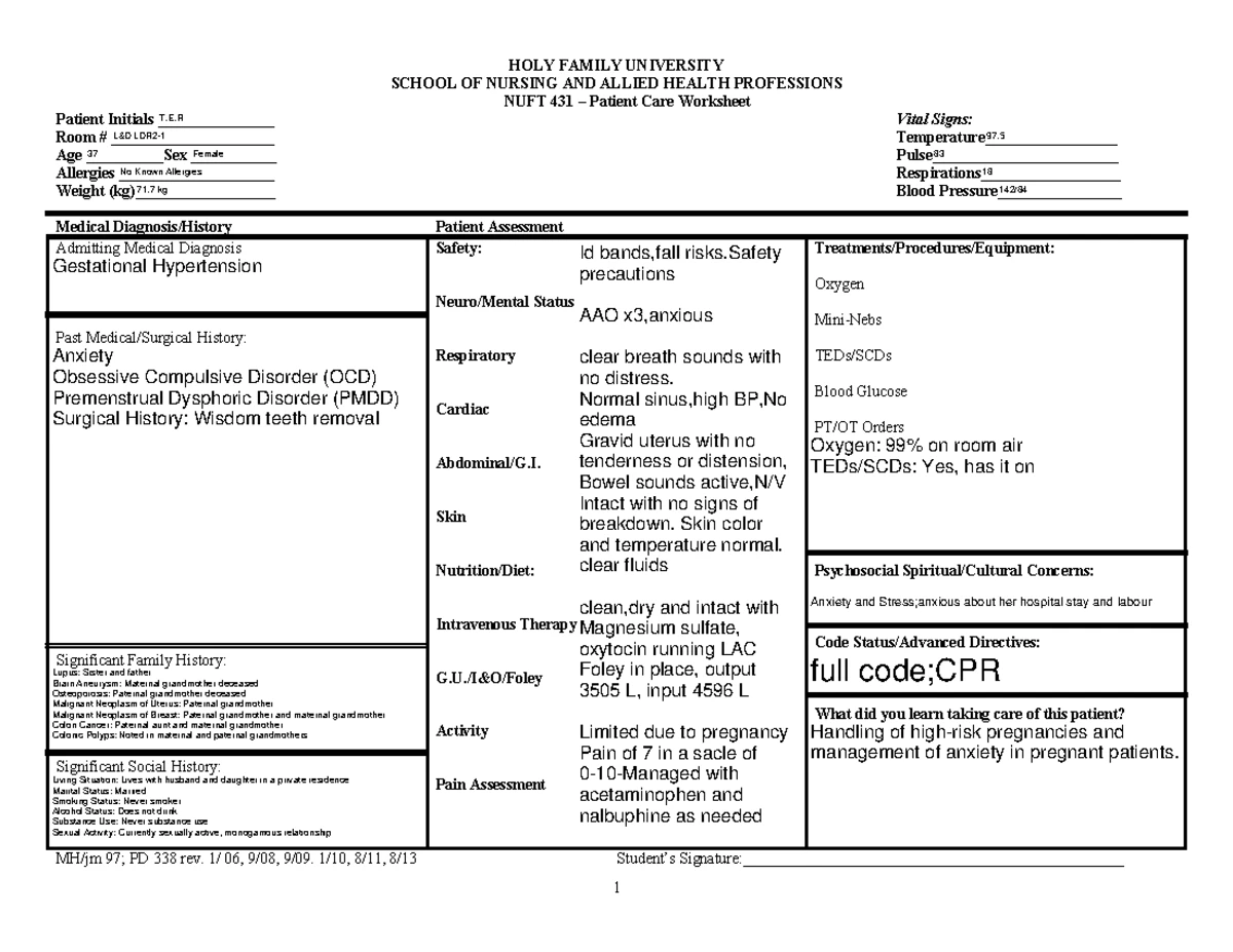 Nursing Concept Map and Patient Care Worksheet for NUFT 351 Med-Surg II ...
