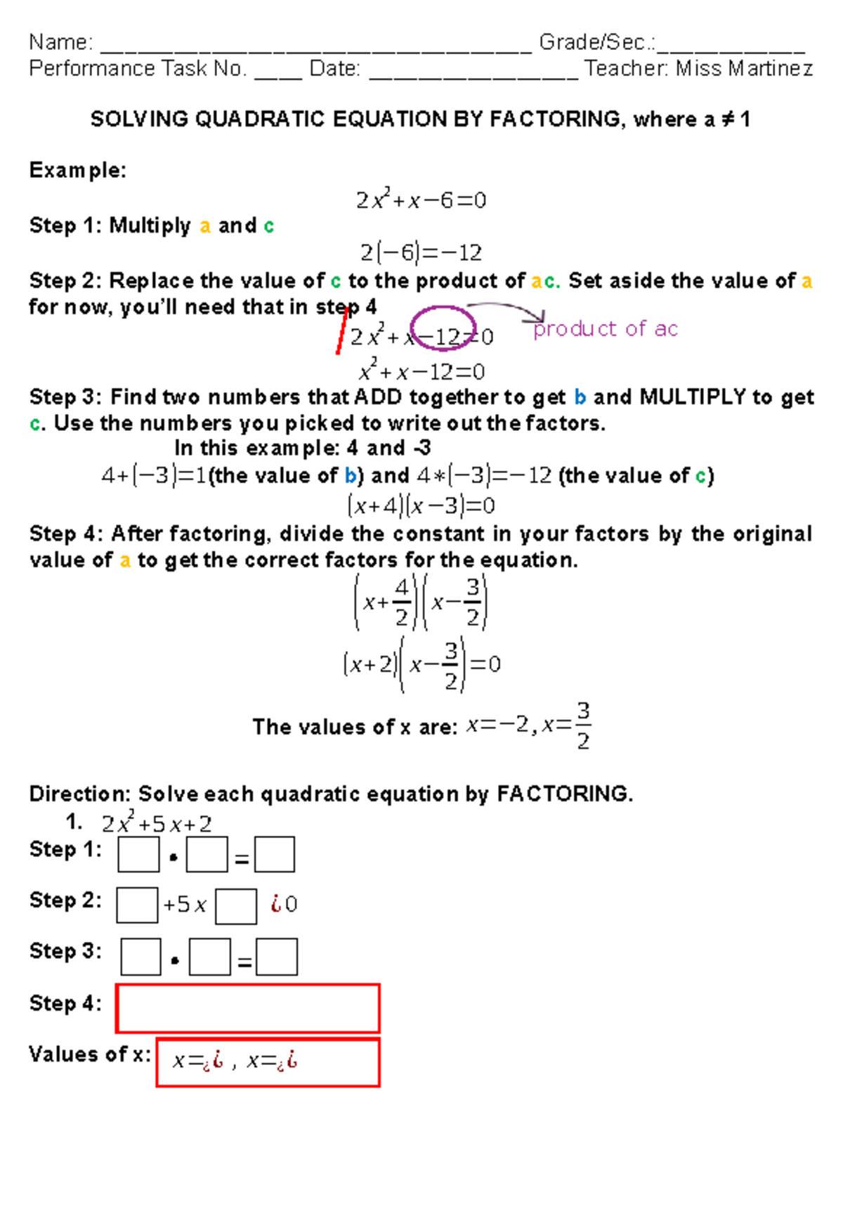 G9 Performance Task: Solving Quadratic Equations by Factoring - Studocu
