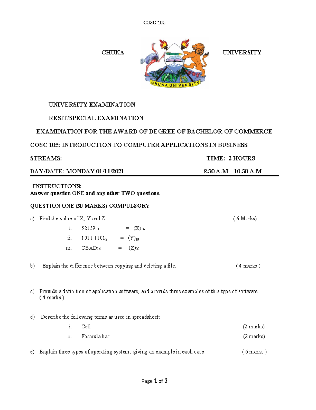 COSC 105 - Introduction to computer - COSC 105 UNIVERSITY EXAMINATION RESIT/SPECIAL EXAMINATION ...