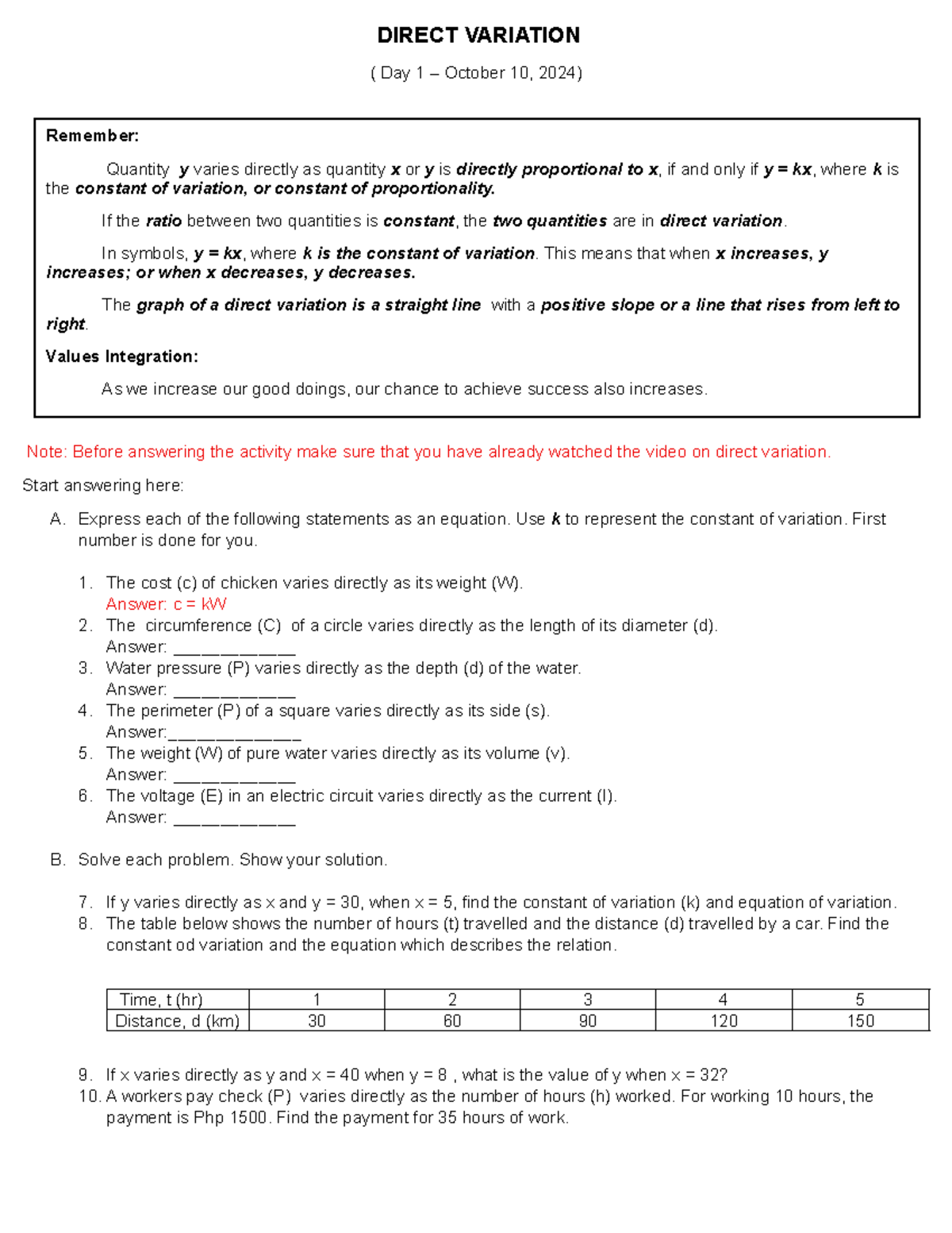 Direct Variation Concepts and Problems - Day 1 Activities - Studocu