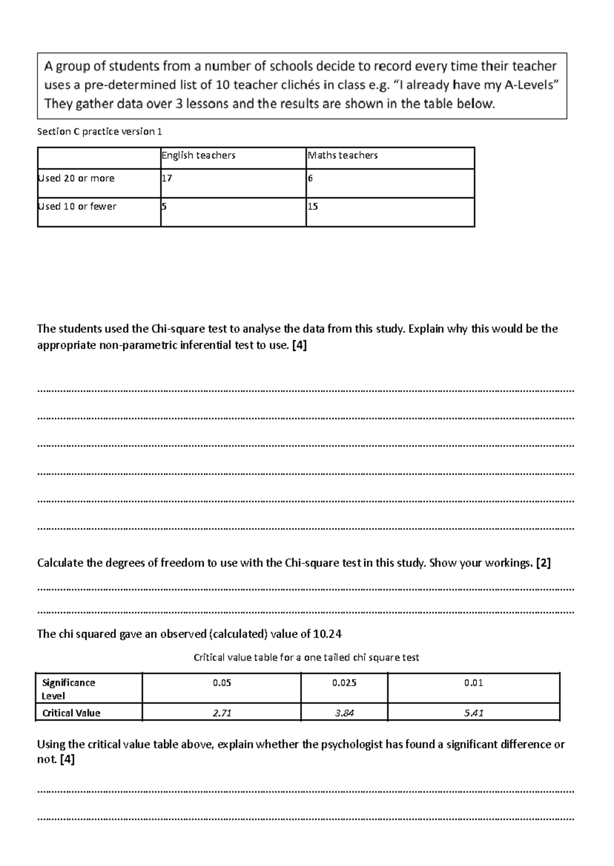 Chi-square Test Practice Questions - Section C (Student Version) - Studocu