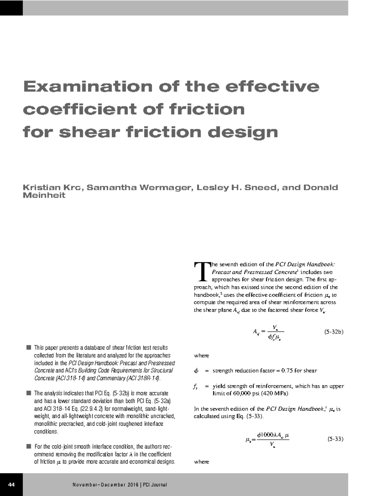 Title: Effective Coefficient of Friction in Shear Design: PCI Handbook ...