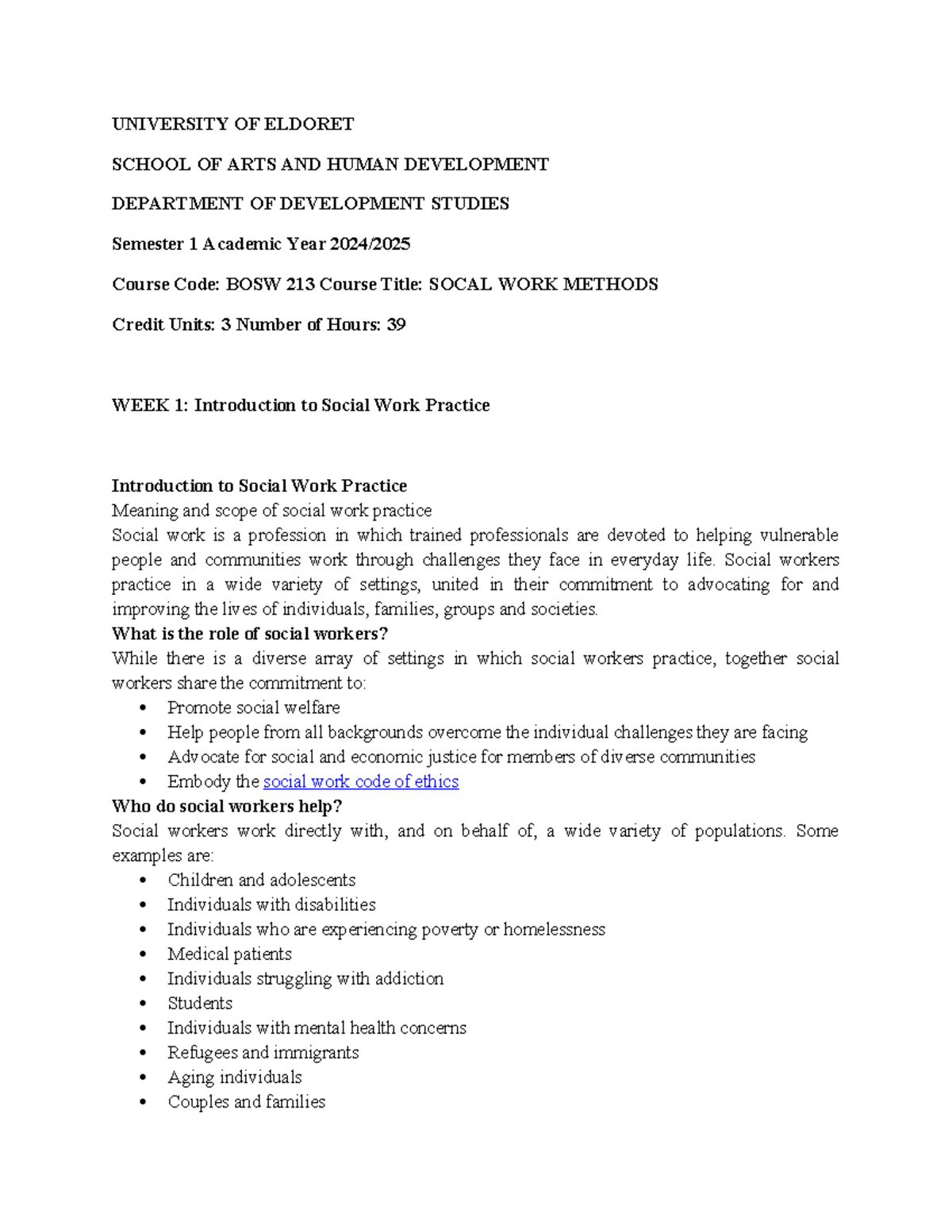 BOSW 213 - Social Work Methods: Comprehensive Study Notes - Studocu