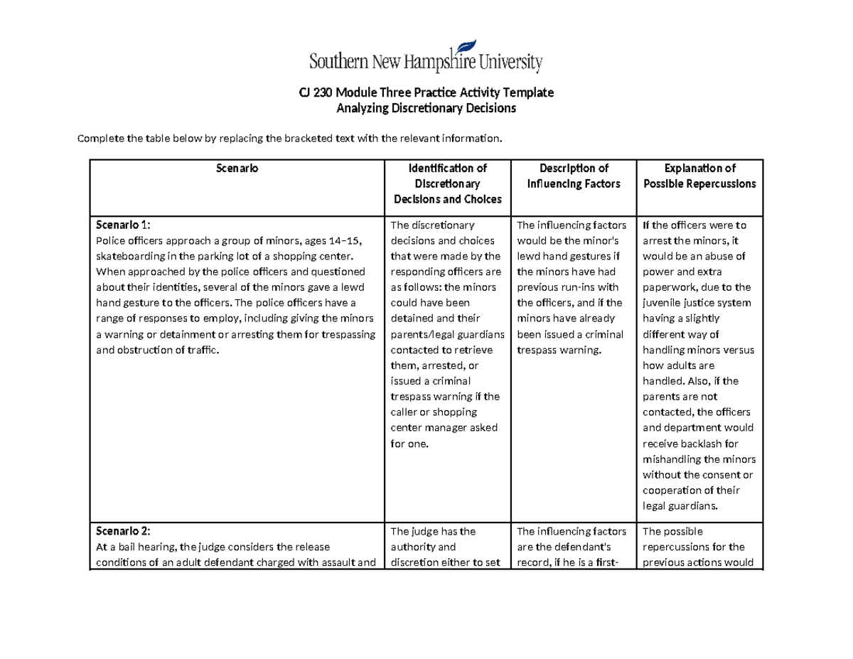 CJ 230 Module Three Discretionary Decisions Practice Activity Guide ...