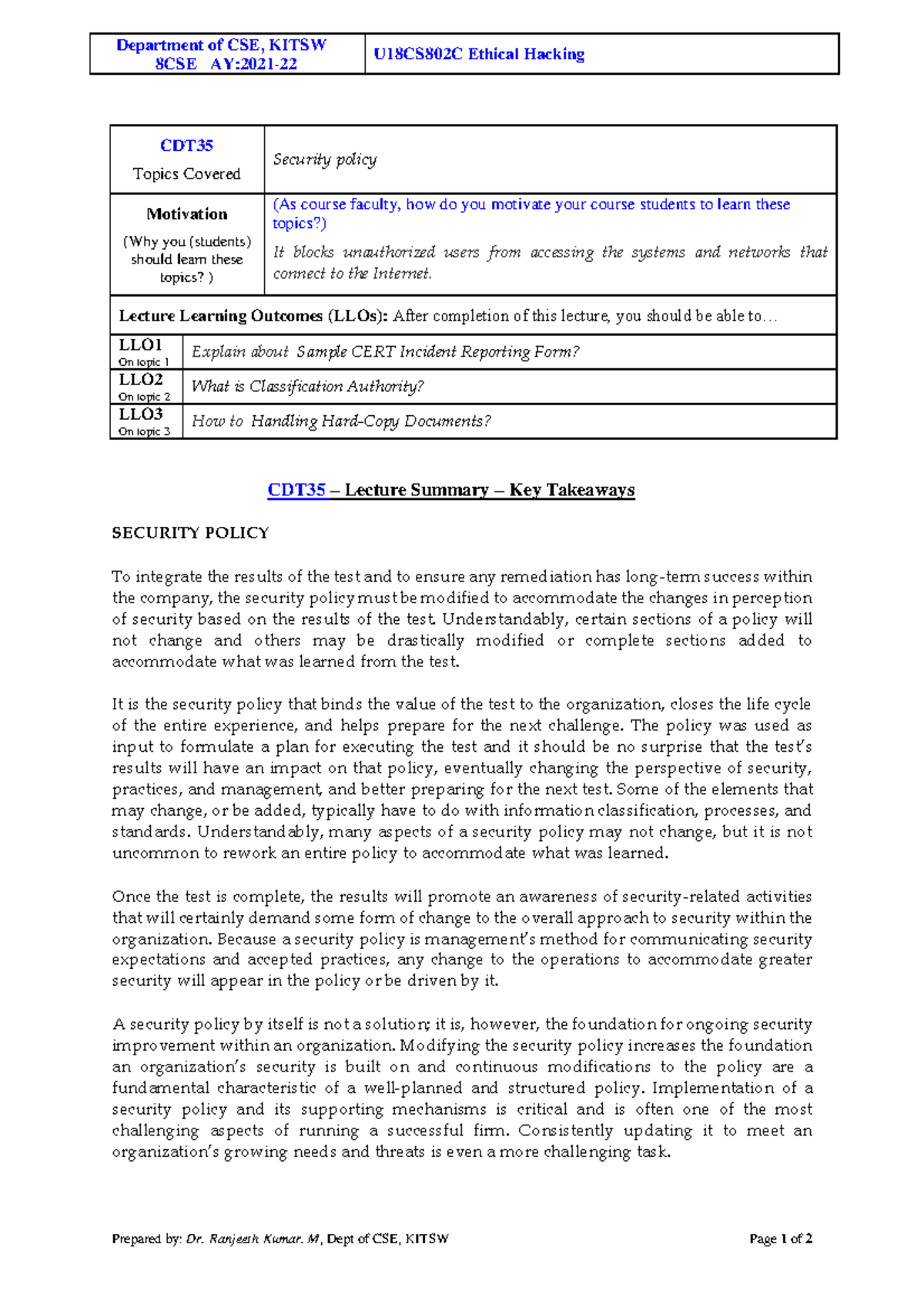 Ethical Hacking 1 Notes Department Of Cse Kitsw 8cse Ay2021 U18cs802c Ethical Hacking