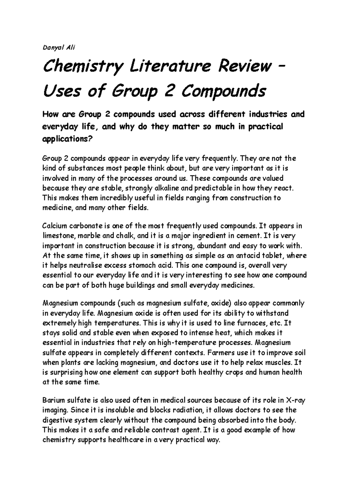 Chemistry Literature Review: Practical Uses of Group 2 Compounds - Studocu