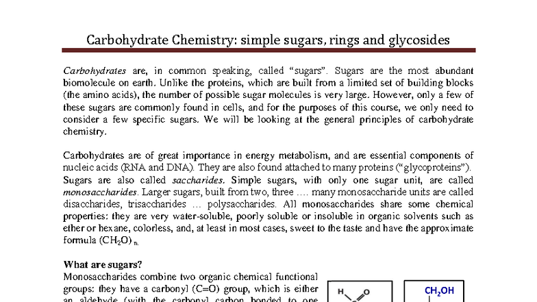 Carbohydrate Chemistry (CHEM 101): Simple Sugars, Rings & Glycosides ...